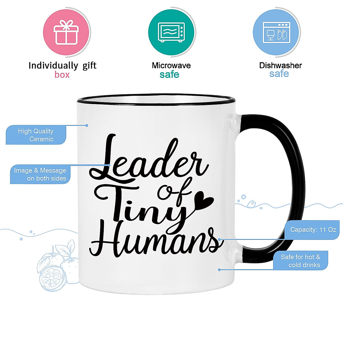 YHRJWN - Teacher Gifts for Women Men, Leader of Tiny Humans Mug, Teacher Appreciation Gifts, Novelty Christmas Birthday Gifts for Kindergarten Teacher, Daycare 11 Oz White(Black Handle)