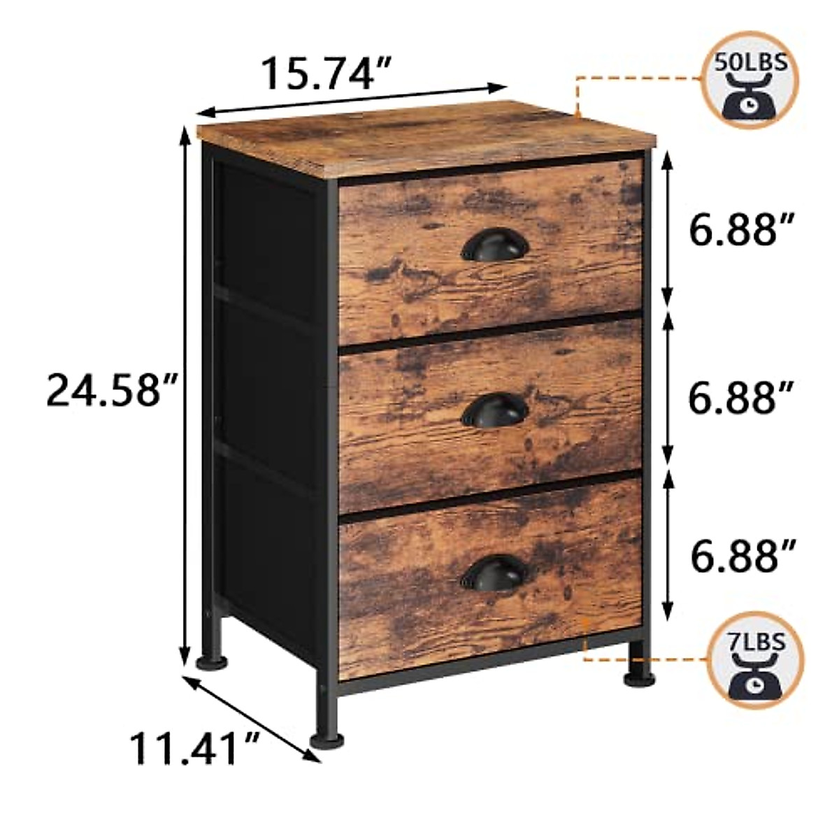 Furologee Nightstand with 3 Fabric Drawers, Tall End Table, Bedside Table for Storage, Small Dresser for Bedroom, Wooden Top for Living Room/Bedroom/Closet, Rustic Brown