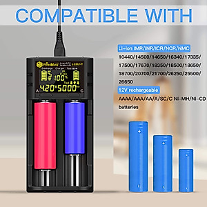 LCD2-T 18650 Battery Charger, LCD Screen Can Display Capacity, with Battery Capacity Tester, 2A Fast Charger Discharg 2bay, for 3.7v Rechargeable Lithium Battery and 1.2v Ni-Mh/Ni-Cd AA AAA Battery