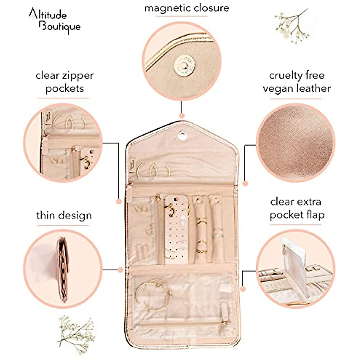Altitude Boutique Travel Jewelry Organizer Roll Foldable Jewelry Case for Journey Packing Vacation-Rings, Necklaces, Bracelets, Earrings (Rose Gold, Medium)