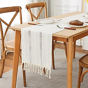 Rustic Linen Table Runner Farmhouse Striped Embroidered Boho 48 Inches Long Table Runners Hollow Handmade Woven Tassel for Kitchen Dining Holiday Wedding Party Home Decor ( White, 14" W X 48" L)
