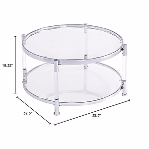Round Coffee Table with Silver Metal Base, 2-Tier Acrylic Clear Glass Coffee Table with Storage Shelf, Center Table Modern Coffee Table Tea Table Cocktail Table Living Room Table, Circle Coffee Table