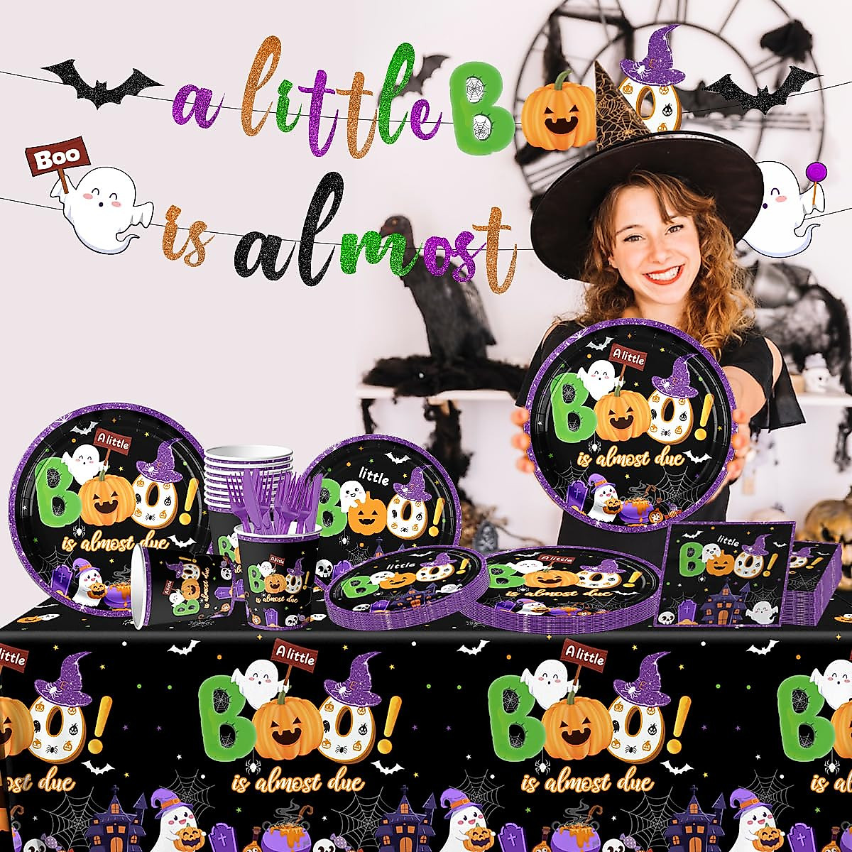 A Little Boo Is Almost Due Decorations-142Pcs Halloween Baby Shower Tableware Black Halloween Boo Plates and Napkins Set A little Baby Shower Party Supplies