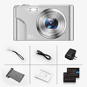 Digital Camera for Kids Girls and Boys - 1080P FHD Digital Camera 36MP LCD Screen Rechargeable Students Compact Camera Kid Camera with 16X Digital Zoom Vlogging Camera for Teens, Kids (Silver)