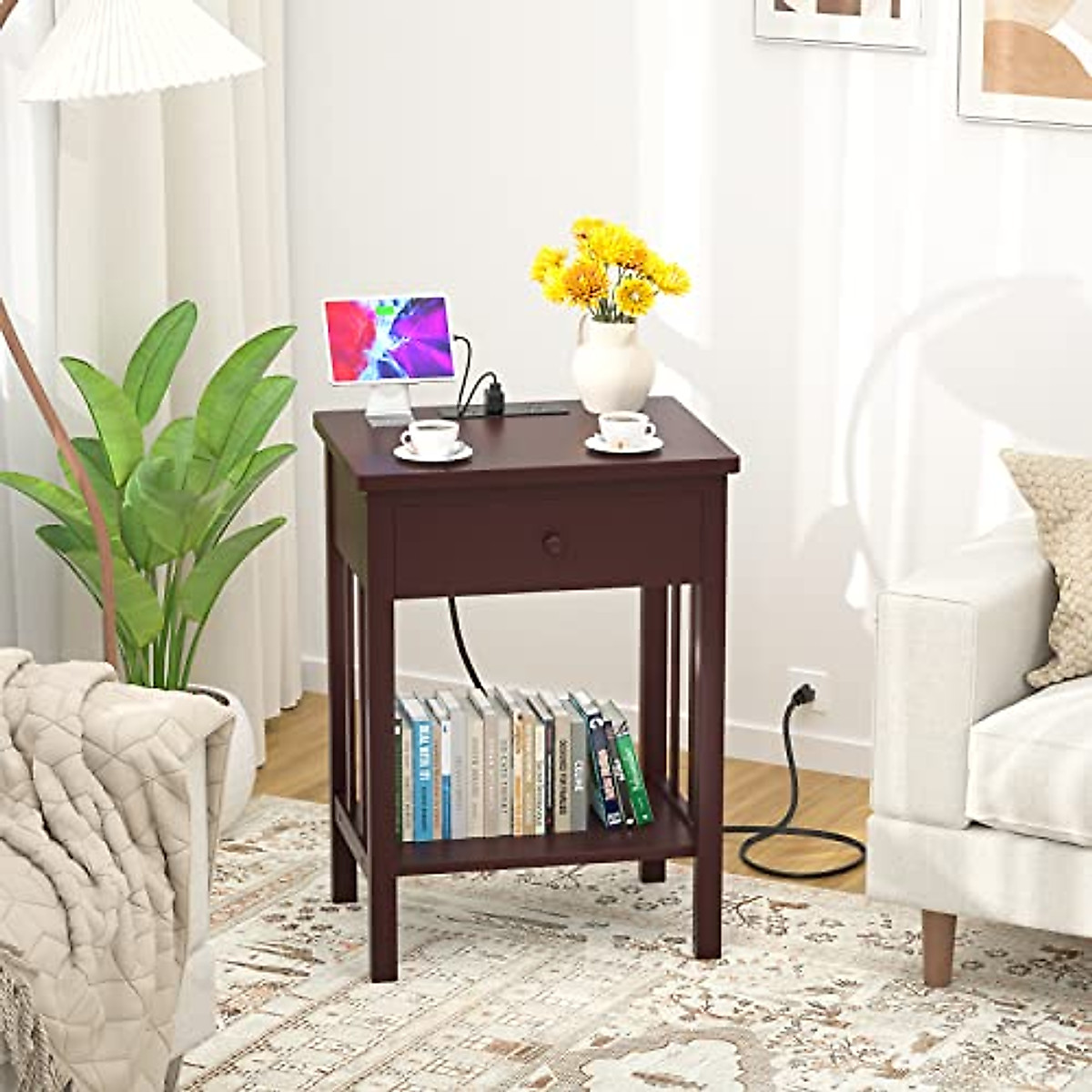 Homykic Nightstand with Charging Station, Bamboo Nightstands Sets of 2, Wood Bedside Table with USB Ports and Outlets, End Table Side Table with Drawer and Storage Shelf for Bedroom, Espresso