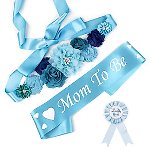 Baby Shower Maternity Sash Belly Belt, Mom to Be & Dad to Be Button Pin, Pregnancy Maternity Flower Sash Belt for Gender Reveal (Blue Baby Boy)