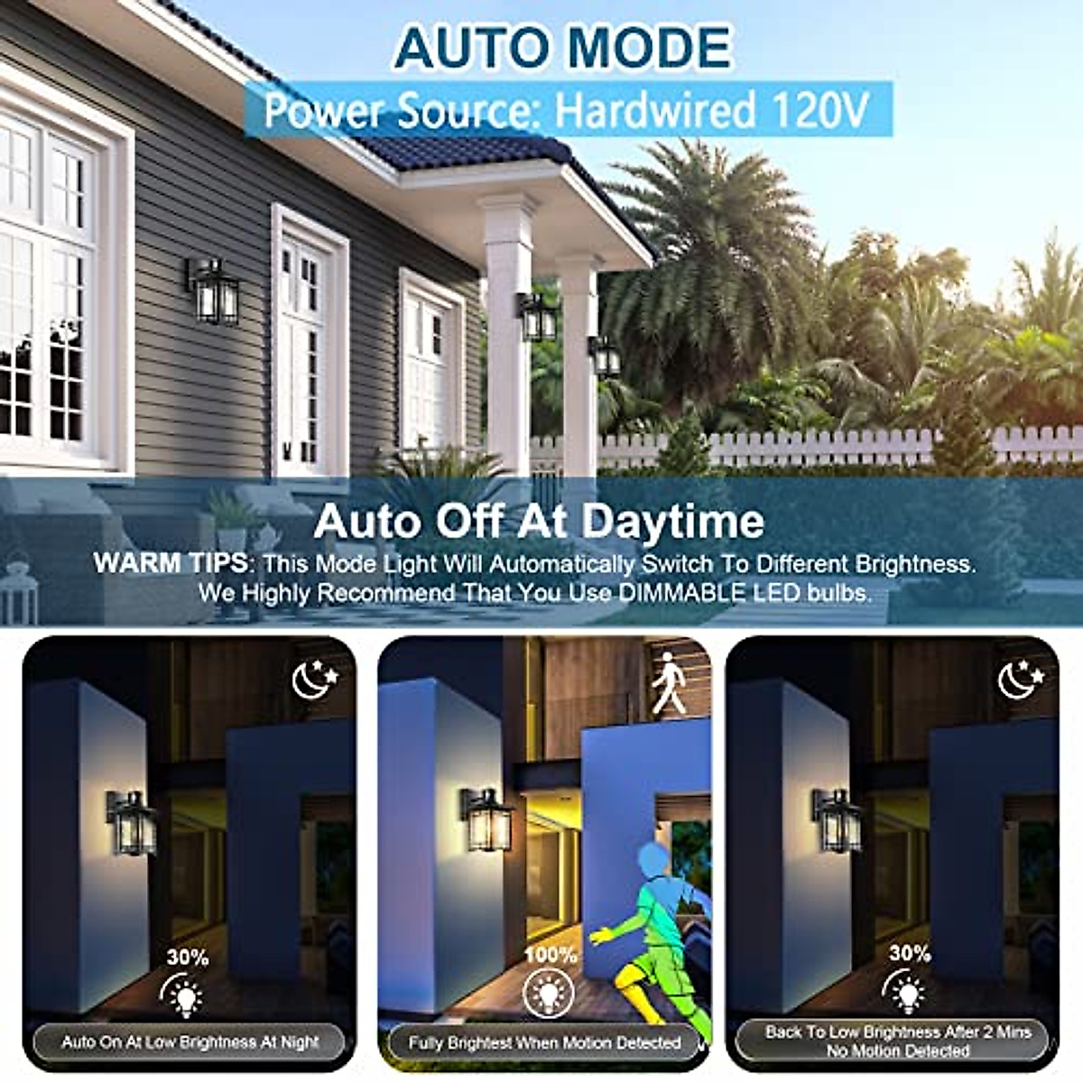 XANGQAN Motion Sensor Outdoor Lights Dusk to Dawn Lighting Waterproof Exterior Light Fixture Black 100% Anti-Rust Aluminum Wall Lights with Water Ripple Glass for House Porch Patio Garage Entryway