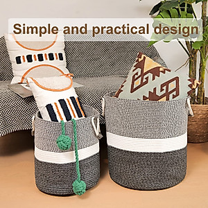 Large Cotton Rope Basket, Storage Basket, Woven Laundry Hamper, Toy Storage Bin, Nursery Storage Basket, Baby Bin Organizer, White & Black, 17x19 Inches