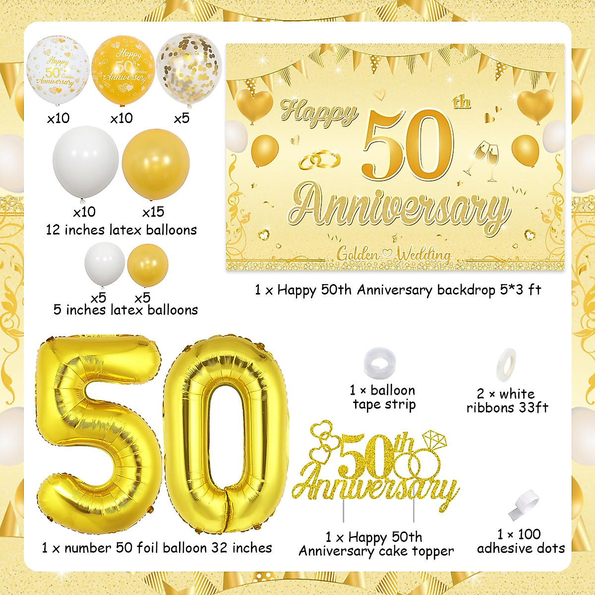 50th Golden Wedding Anniversary Decorations - Happy 50th Anniversary Gold and White Balloon Arch Kit with Backdrop, Cake Topper, Foil Balloons for Cheers to 50th Anniversary Party Supplies