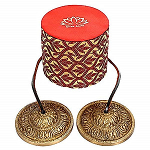Divine Sound Tingsha Cymbals -Holy Buddha Lotus Symbol engraved Beautiful Gift Box for Meditation,Pray,Yoga,Sound healing, 7.6cm / 3" Nepal Tingsha Bell with Lather Strap Brass