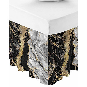Marble Black Bed Skirt Cal King Size 18 Inch Drop, Adjustable & Elastic Wrap Around Bed Skirts Pleated Luxury Dust Ruffles for Twin Full Queen Cal King Base Bed, Gold Grey Modern Abstract Marbling