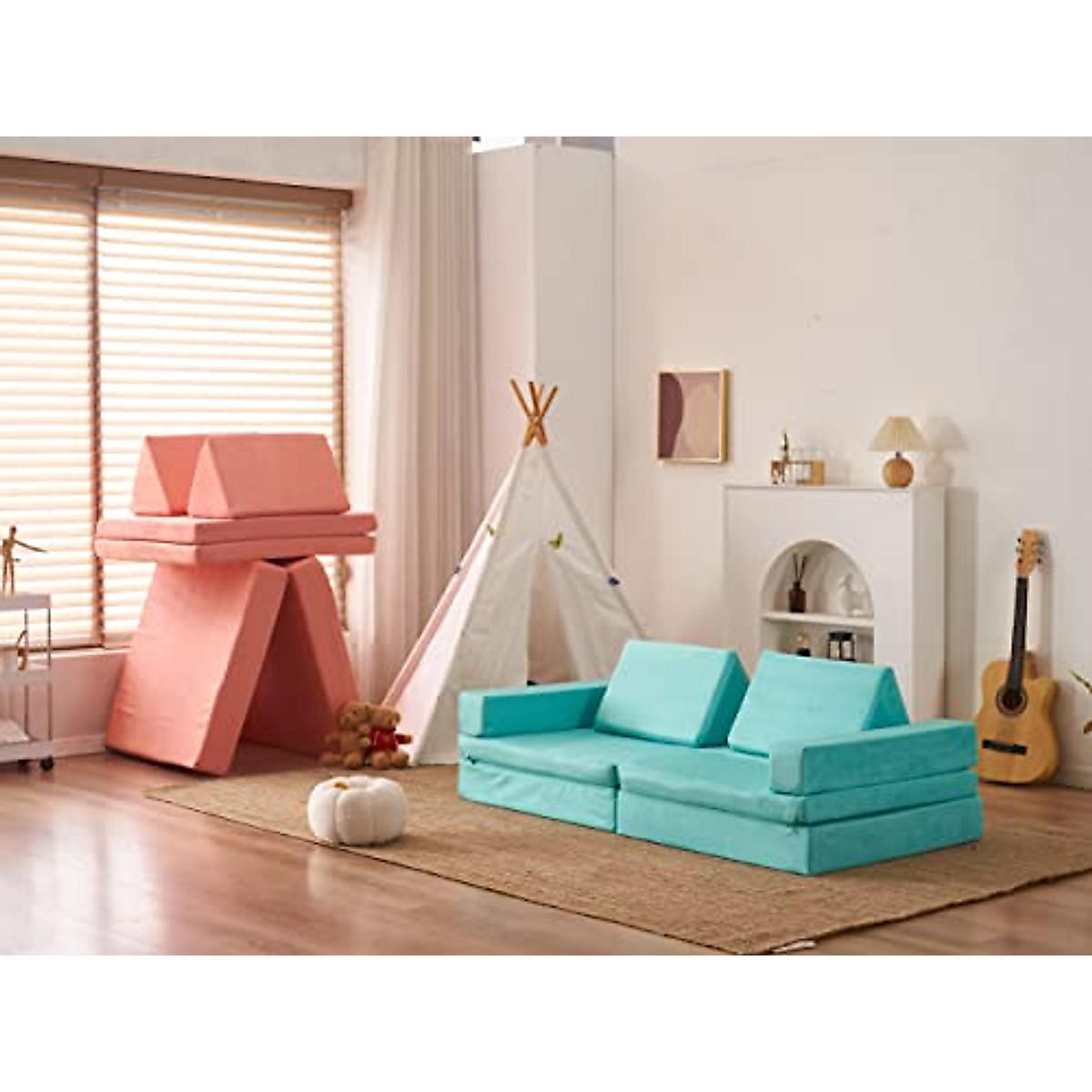 jela Kids Couch Extended Size 8PCS for Family, Floor Sofa Couch Modular Funiture for Kids Adults, Playhouse Play Set for Toddlers Babies, Modular Foam Play Couch Indoor 66" x 33" x 22" Green