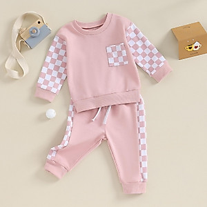 BeQeuewll Baby Girl Clothes Fall Winter Outfits Long Sleeve Sweatsuit Checkboard Sweatshirt and Pants Toddler Infant Clothing (pink, 6-12 Months)