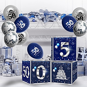 3Pcs 50th Birthday Decorations Boxes for Men Blue Silver 50th Happy Birthday Balloons Boxes Party Supplies 50 Year Old Birthday Theme Cardboard Box Decor.