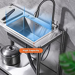 Stainless Steel Kitchen Sink Freestanding Outdoor Sinks Commercial Restaurant Sink Set w/Faucet & Workbench & Storage Shelves Industrial Sink Single Bowl for Patio Garden Garage 35.5×31.5×16.5"
