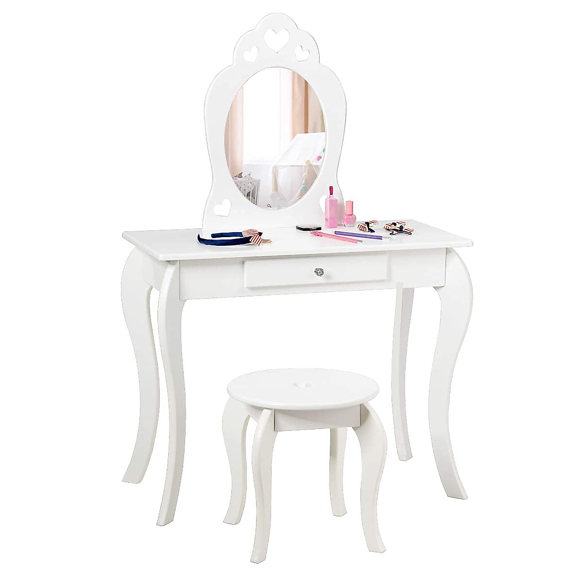 HONEY JOY Kids Vanity Set with Mirror, Toddler Wooden Vanity Table with Stool & Drawer, Removable Top, Princess Pretend Play Beauty Makeup Dressing Table Playset for Little Girls(White)