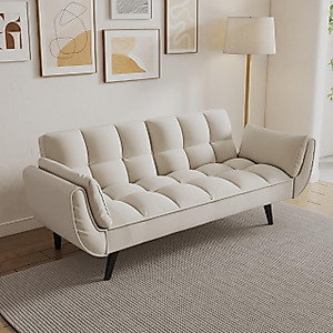 Olela Futon Sofa Bed, Convertible Sleeper Couch 74" W Modern Velvet Loveseat with Adjustable Backrests and Solid Wood Legs for Living Room, Bedroom, Small Space (Beige)