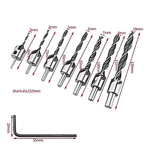 TOOLSTAR Countersink Drill Bit, 7PCS 3-10mm Woodworking Chamfer Counter Bit Set Adjustable Carpentry Reamer Plated for Wood DIY with 1 Hex Key Wrench (Titanium Coated)