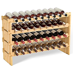 Domax Wine Rack Freestanding Floor - 4 Tiers Stackable Wine Rack 36 Bottle Wine Bottle Holder， Bamboo Wine Holder Wine Storage for Kitchen, Bar, Pantry, Wine Cellar and Countertop (Yellow)
