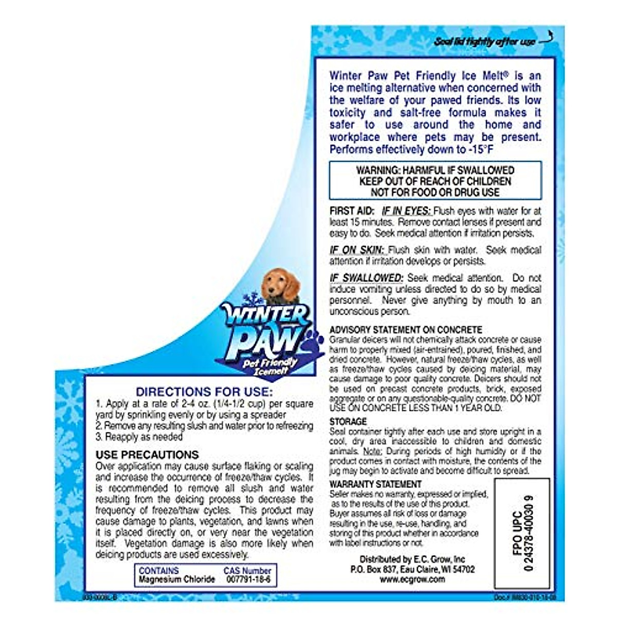 EC Grow Winter Paw Pet Friendly Ice Melt (8 lbs) | Melts to -15 degrees F | Non-toxic and environmentally friendly ice melt