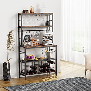 Monesti Wine Rack Freestanding, Industrial Wine Bar Rack, Floor Liquor Wine Cabinet Storage with 16 Hooks(Rustic Brown).