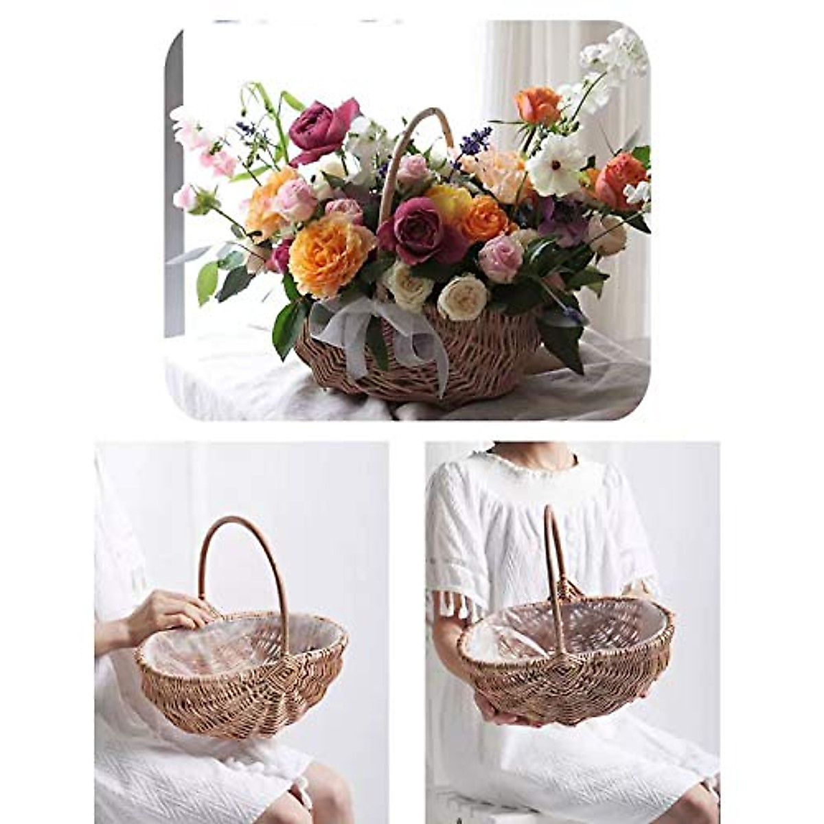 SLDHFE Wicker Rattan Flower Basket,Willow Storage Basket Handwoven Flower Basket with Handle for Home Wedding Garden Decoration