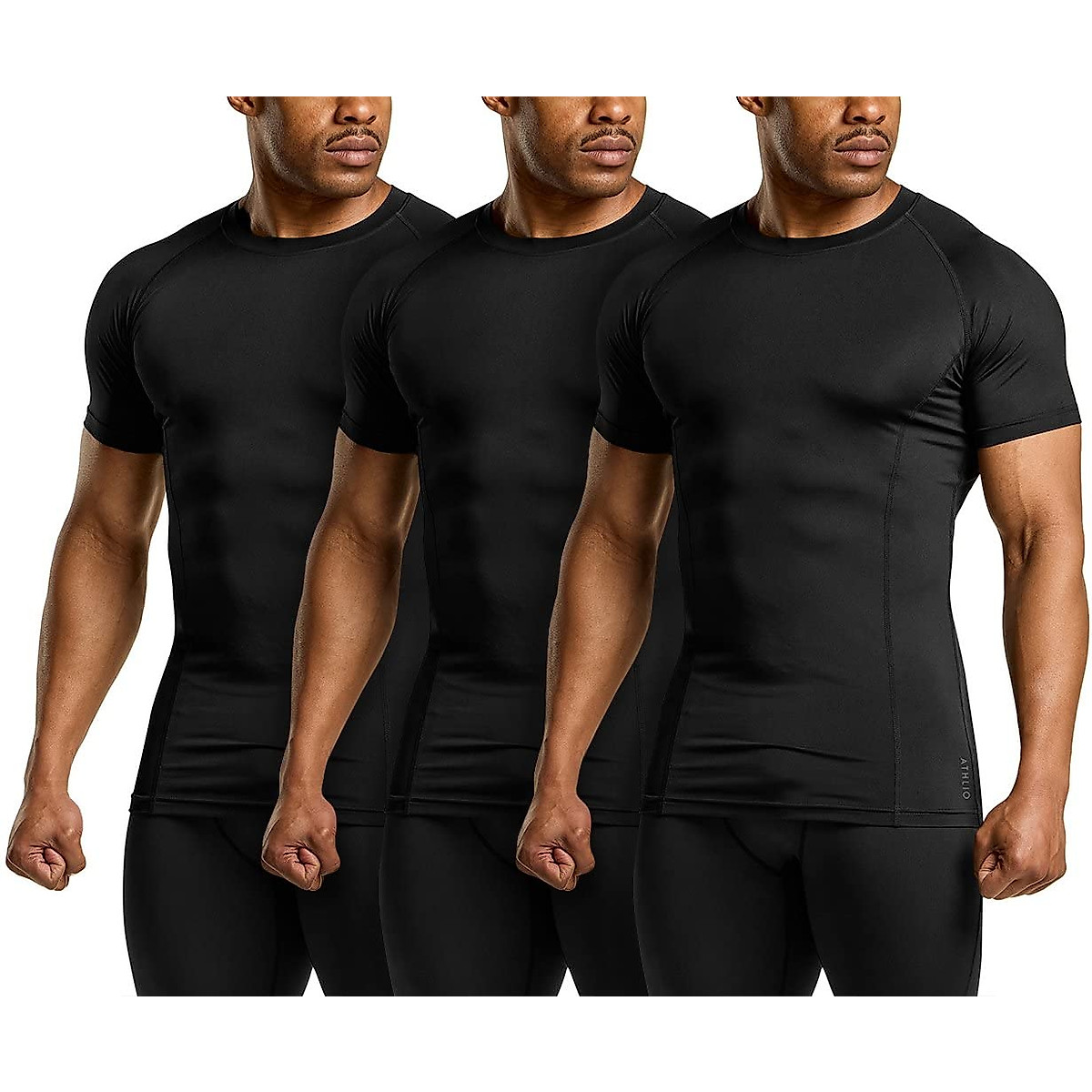 ATHLIO Men's Cool Dry Short Sleeve Compression Shirts, Sports Baselayer T-Shirts Tops, Athletic Workout Shirt, 3pack Tops Black/Black/Black, X-Large