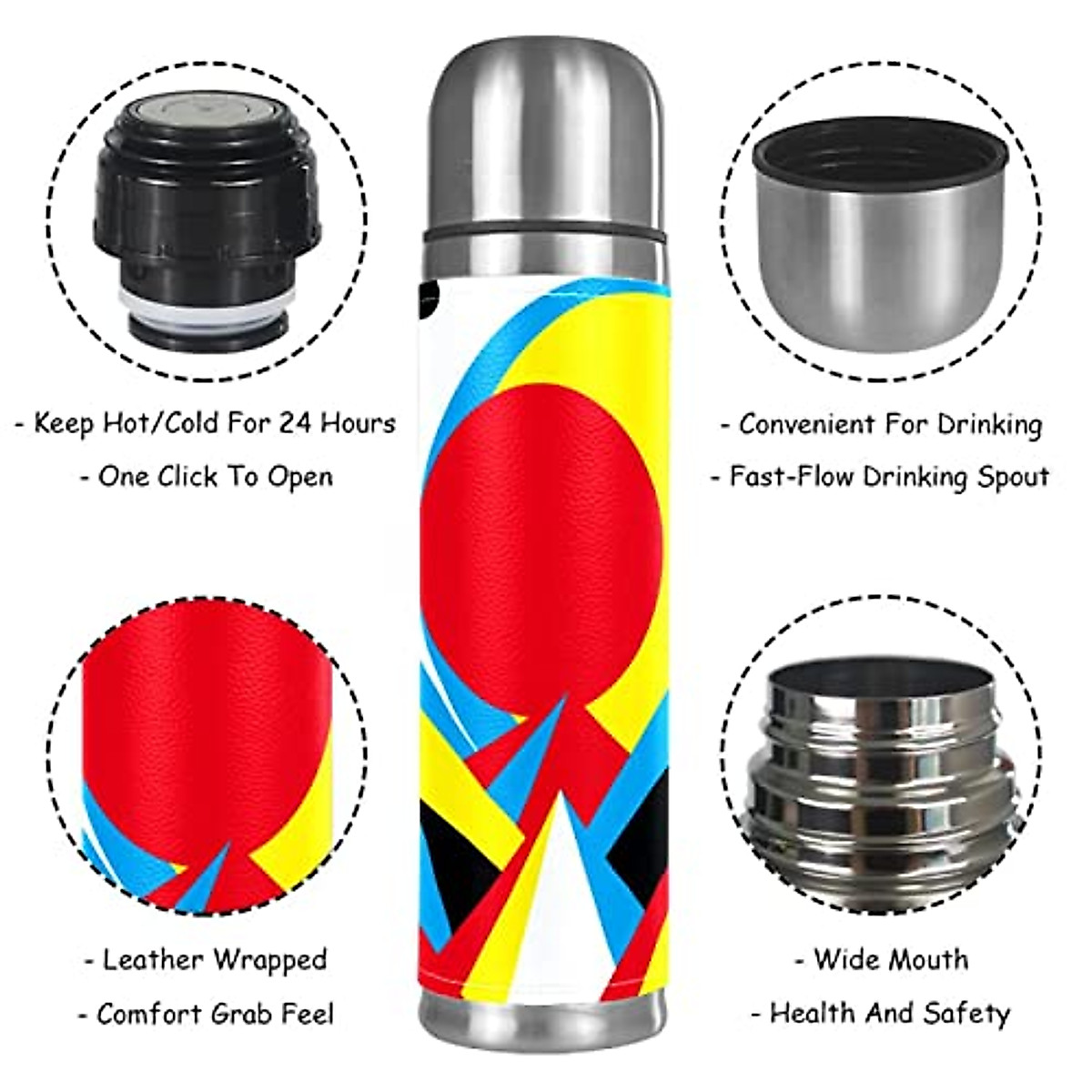 Stainless Steel Leather Vacuum Insulated Mug Geometry Thermos Water Bottle for Hot and Cold Drinks Kids Adults 16 Oz