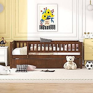 DEINPPA Twin Bed with Trundle, Kids Daybed Trundle Bed, Wooden Bed Frame with Fence Guardrails for Kids Children Toddlers Boys Girls-Walnut