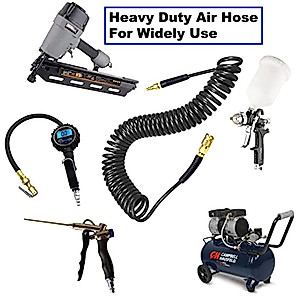 YOTOO Polyurethane Recoil Air Hose 3/8" Inner Diameter by 10' Long with Bend Restrictor, Repairable 1/4" Industrial Quick Coupler and Plug, Gray