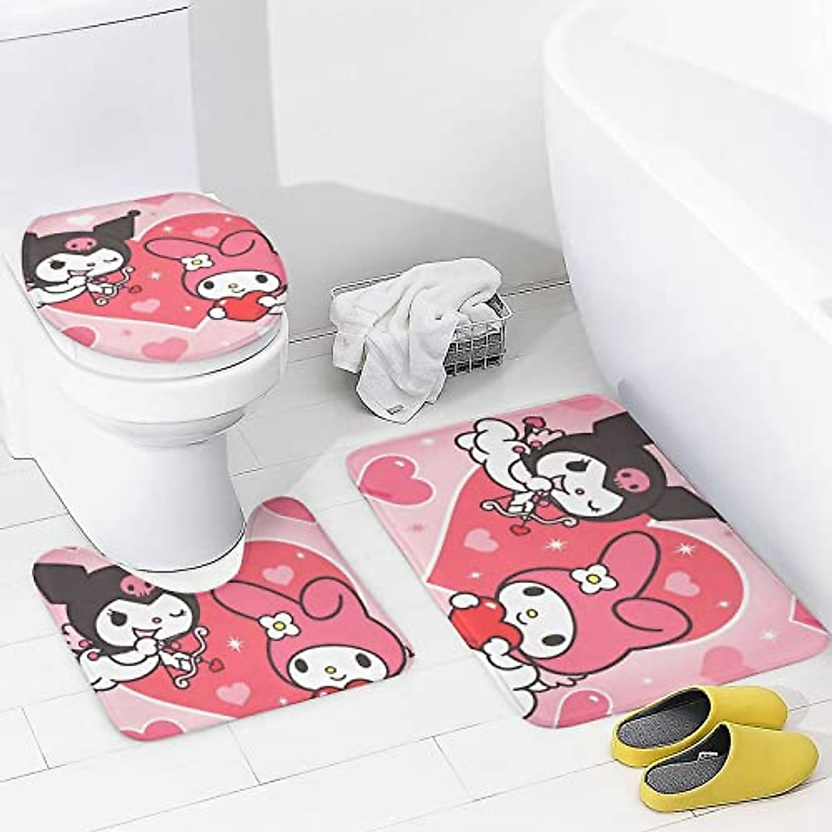 fmsnupz 4PCS Anime Shower Curtain Set, Cute Bathroom Decor with Non-Slip Rugs, Toilet Lid Cover and Bath Mat, Waterproof Fabric Shower Curtains with 12 Hooks, 70.8"x70.8"