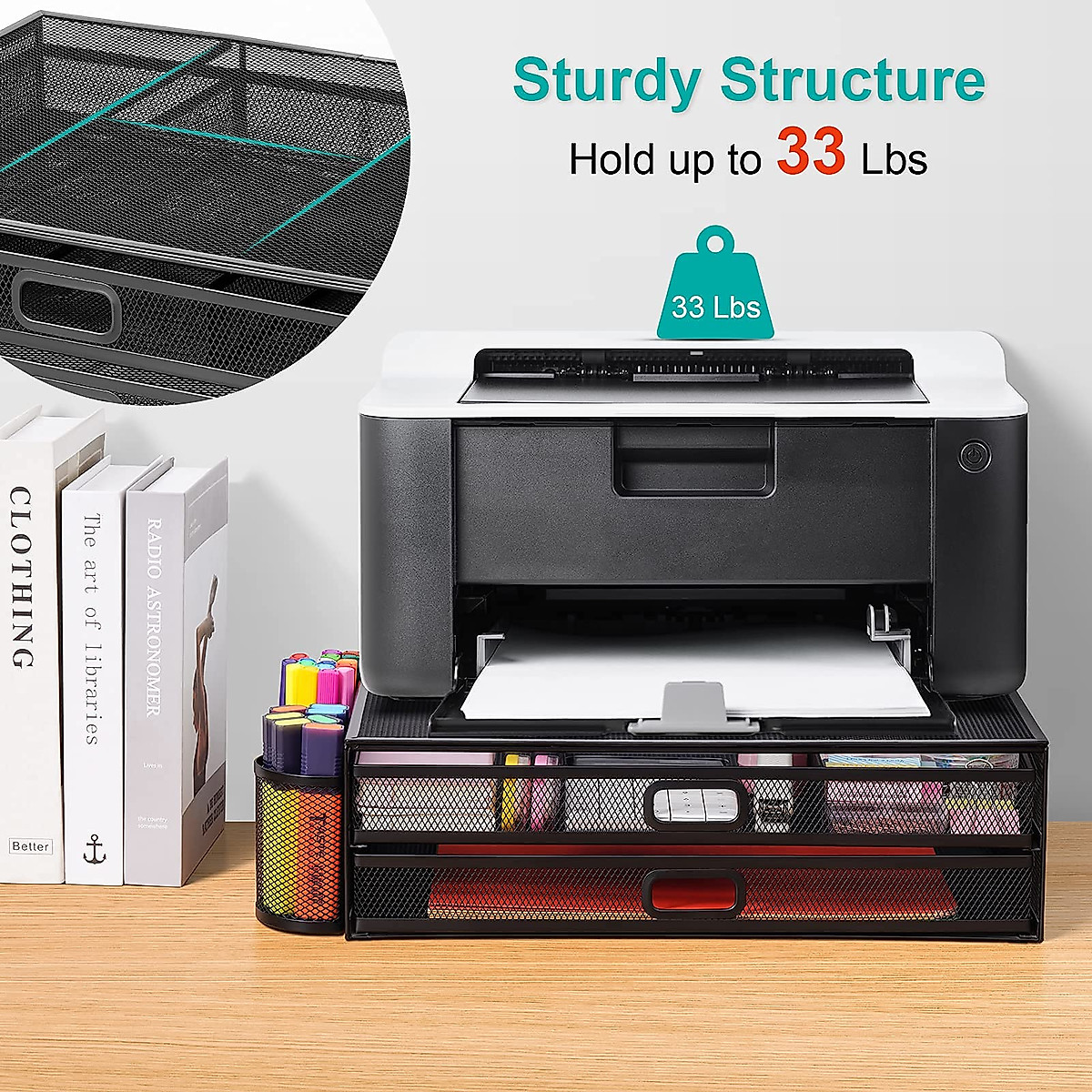 Monitor Stand with Drawer | Monitor Riser with Drawers and 2 Magnetic Pen Holder | Black Mesh Metal Desk Organizer for Computer, PC, Laptop, Printer, Notebook, iMac (Set of 3)