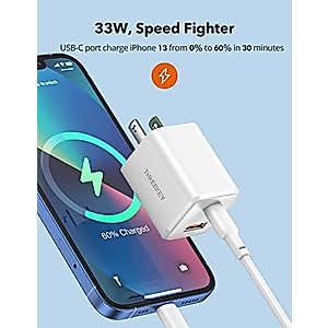 THREEKEY USB C Wall Charger,33W Dual USB Port Charger Block,Type C Charger Fast Charging Power Adapter Compatible with iPhone 14/13/12/X,Samsung S21/S20/Note 20/10/9/8,Sony,Moto,iPad,MacBook, White