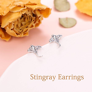 Stingray Stud Earrings Sterling Silver Manta Ray Fish Sea Animal Jewelry Birthday Gift for Sea Lover Women