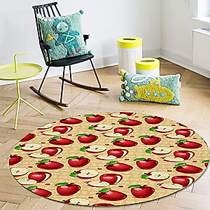 LAMANDA Round Area Rugs Red Apples Green Leaf Indoor Floor Carpet Non Slip Throw Rug for Living Room Bedroom Kids Nursery Farm Fruit Harvest 48in