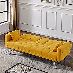 mikibama 76 Inch Futon Sofa Bed with Cup Holders, Linen Convertible Folding Futon Couch with Adjustable Backrest and Throw Pillows for Living Room, Tufted Sleeper Sofa with Metal Legs (Yellow)