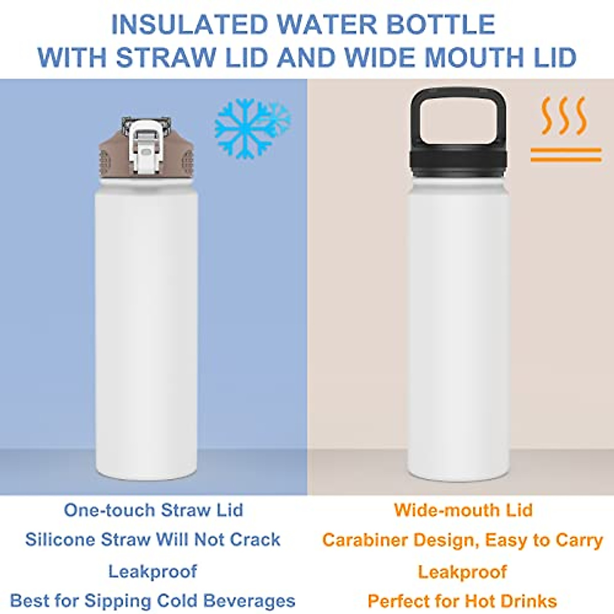 Insulated Water Bottle with Straw 25 oz Stainless Steel Water Bottles BPA-Free Leak Proof Double Wall Vacuum Metal Water Bottle with 2 Lids for Biking Hiking Camping-WHITE