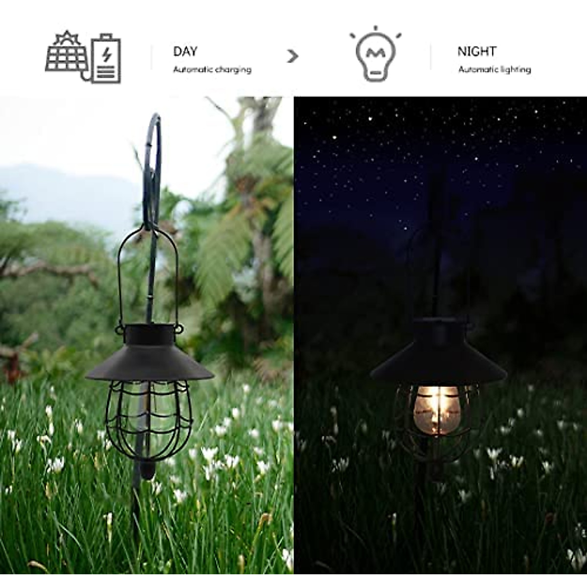 YAKii 2 Pack Solar Lantern Hanging Waterproof Outdoor Metal Solar Lamp with Warm White Light Decorate for Yard Garden Pathway Patio Porch Decor (Black)