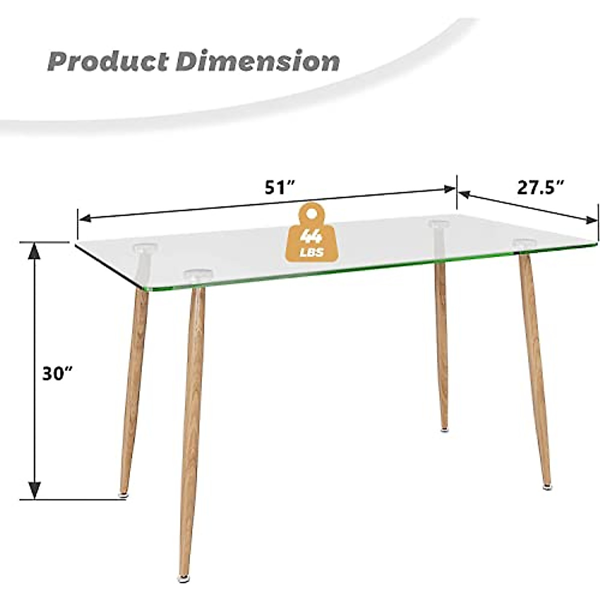 Tangkula Glass Dining Table, Modern Rectangular Table with Spacious Tempered Glass Tabletop & Wood Grain Steel Legs, Simplistic Kitchen Table, 51 x 27.5 x 29.5 Inch, Versatile Table for Home Office