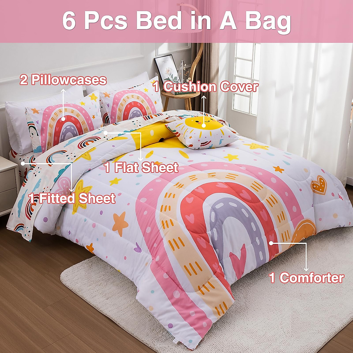A Nice Night Bedding 6 Pcs Cartoon Rainbow Bedding Set with Smile Sun Printed for Boys Girls Bed Comforter Sets (White, Twin)