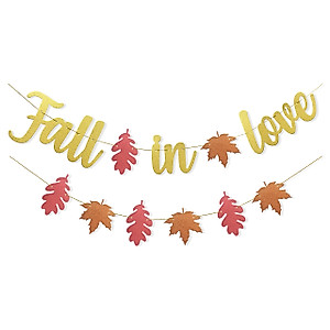 Uniwish Pre-Strung Fall in Love Banner Gold Glittery Garland Thanksgiving Fall Autumn Theme Wedding Bridal Shower Engagement Party Decorations