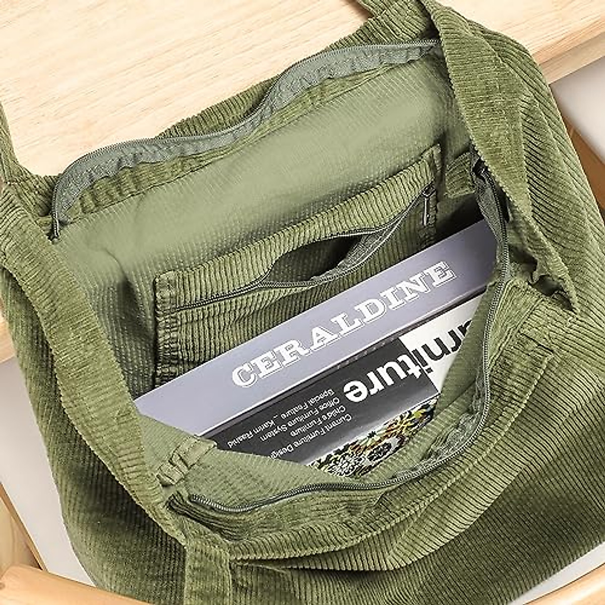 WantGor Large Corduroy Tote Bag, Women Zipper Shoulder Handbags Casual Travel Hobo Bag Shopping Work Bags (Army Green)