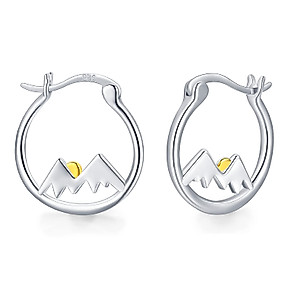 Mountain Earrings 925 Sterling Silver Women's Sun Mountain Hoop Earrings Hypoallergenic Mountain Jewelry Gift for Skiers Hiking Mountain Nature Lovers