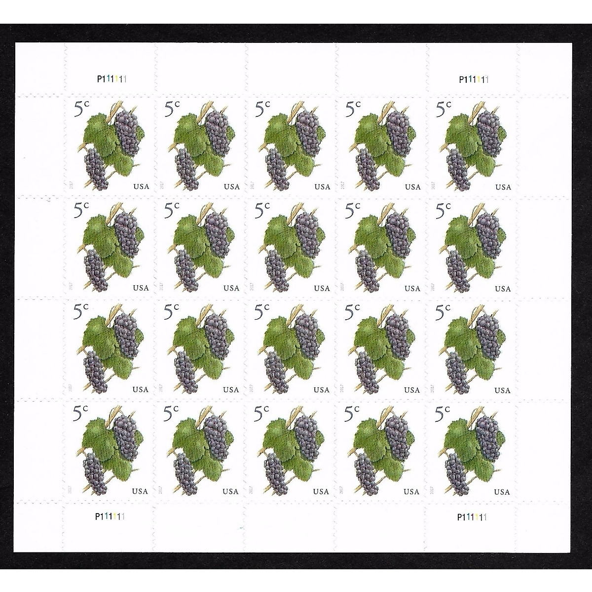 2017 Grapes 5 Cent Stamp In Sheet of Twenty Stamps Scott 5177 .