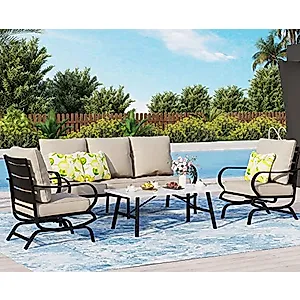 Sophia & William Patio Conversation Sets 4 Pcs Outdoor Metal Furniture Sets 5 Seats with 1 x 3-Seat Sofa, 2 x Cushioned Sofa Chairs, 1x Marbling Metal Coffee Table Patio Lawn Backyard Poolside Beige