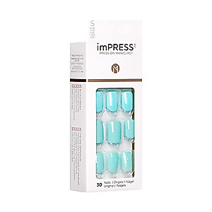 KISS imPRESS Press-On Manicure, Nail Kit, PureFit Technology, Short Press-On Nails, Rain Check', Includes Prep Pad, Mini Nail File, Cuticle Stick, and 30 Fake Nails