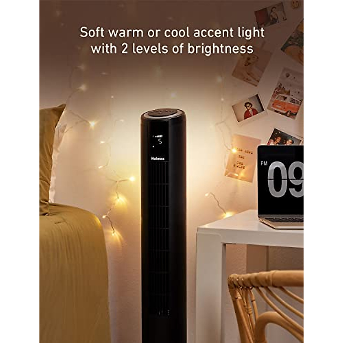 HOLMES 42" Digital Tower Fan with Accent Light, ClearRead Display, High/Low Brightness Level, 90° Oscillation, 5 Speeds, 4 Modes, 8-Hour Timer, Home, Bedroom or Office, Remote Control, Matte Black