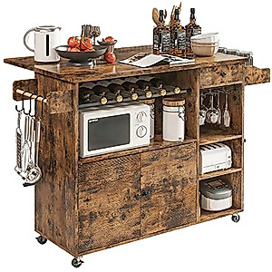 IRONCK Rolling Kitchen Island Cart with Drop-Leaf and Wine Rack, Microwave Rack Serving Cart on Wheels with Drawer & Shelves & Spice Rack & Cup Hanging, Vintage Brown