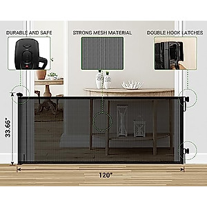 Newnice 120 Inch Extra Wide Retractable Baby Gates for Large Openings, Dog Gate for The House Indoor Outdoor, Extra Long Baby Pet Gate for Stairs Doorways Hallways, Black