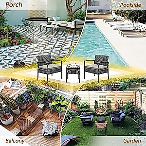 Tappio Outdoor Furniture 3 Piece Patio Bistro Furniture Set, Rattan Conversation Chairs Set with Side Table and Cushions, Porch Set Patio Furniture Set for Balcony Garden Yard, Gray